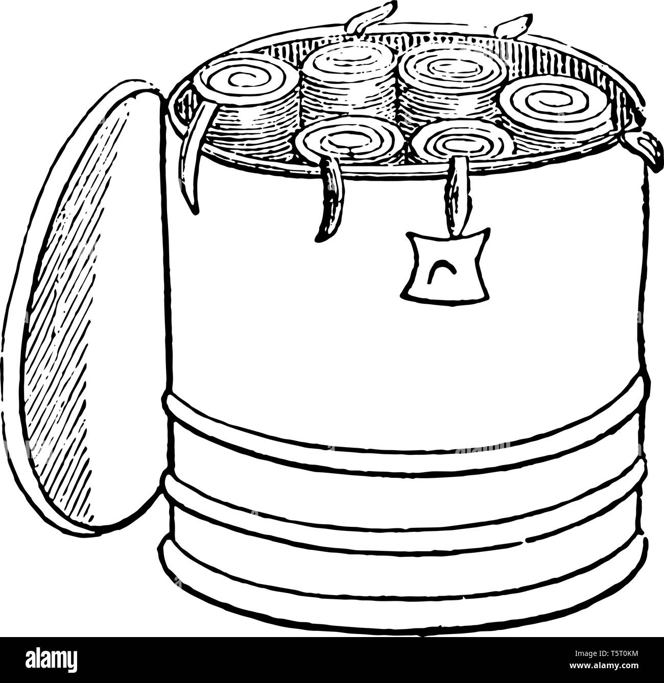 A cylindrical box with multiple rolls of paper in it, vintage line ...