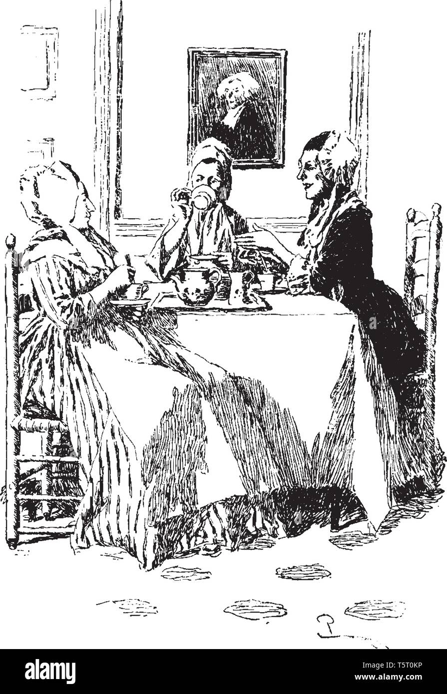 Three women sitting at table and having tea, vintage line drawing or ...