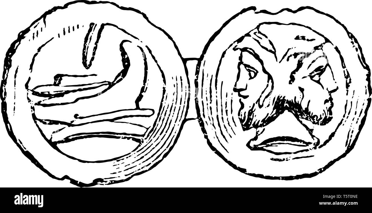 A coin that has an image of two heads together, vintage line drawing or ...