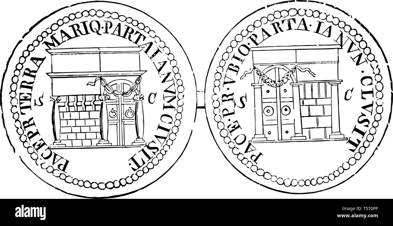 Currency that has the image of a temple with closed doors, vintage line ...