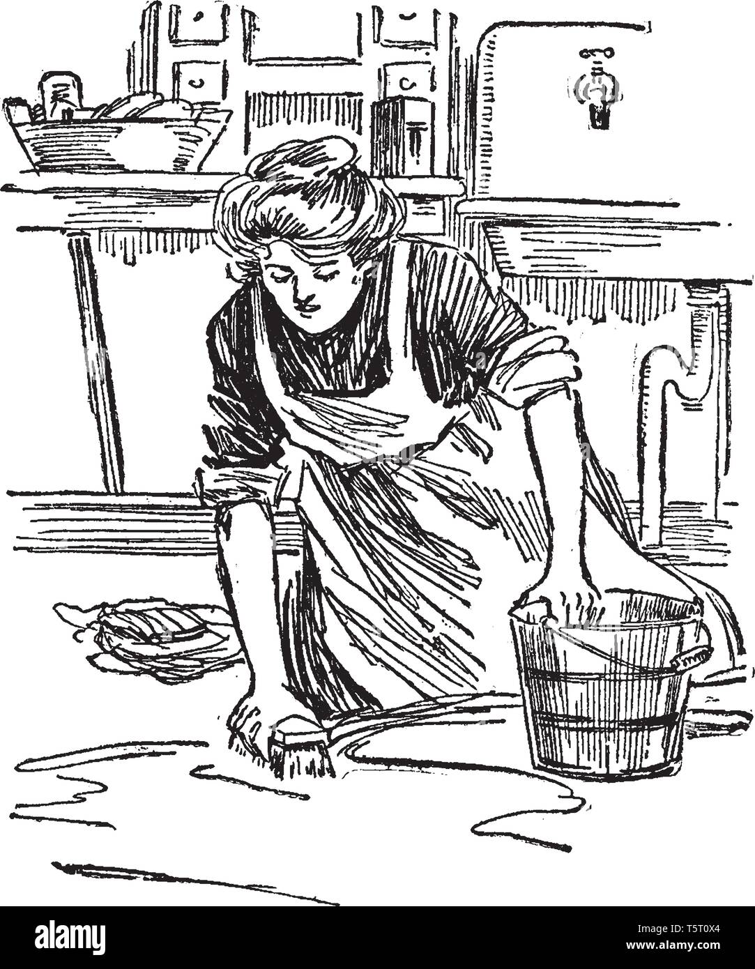 A woman washing the floor with brush, bucket near her, vintage line ...