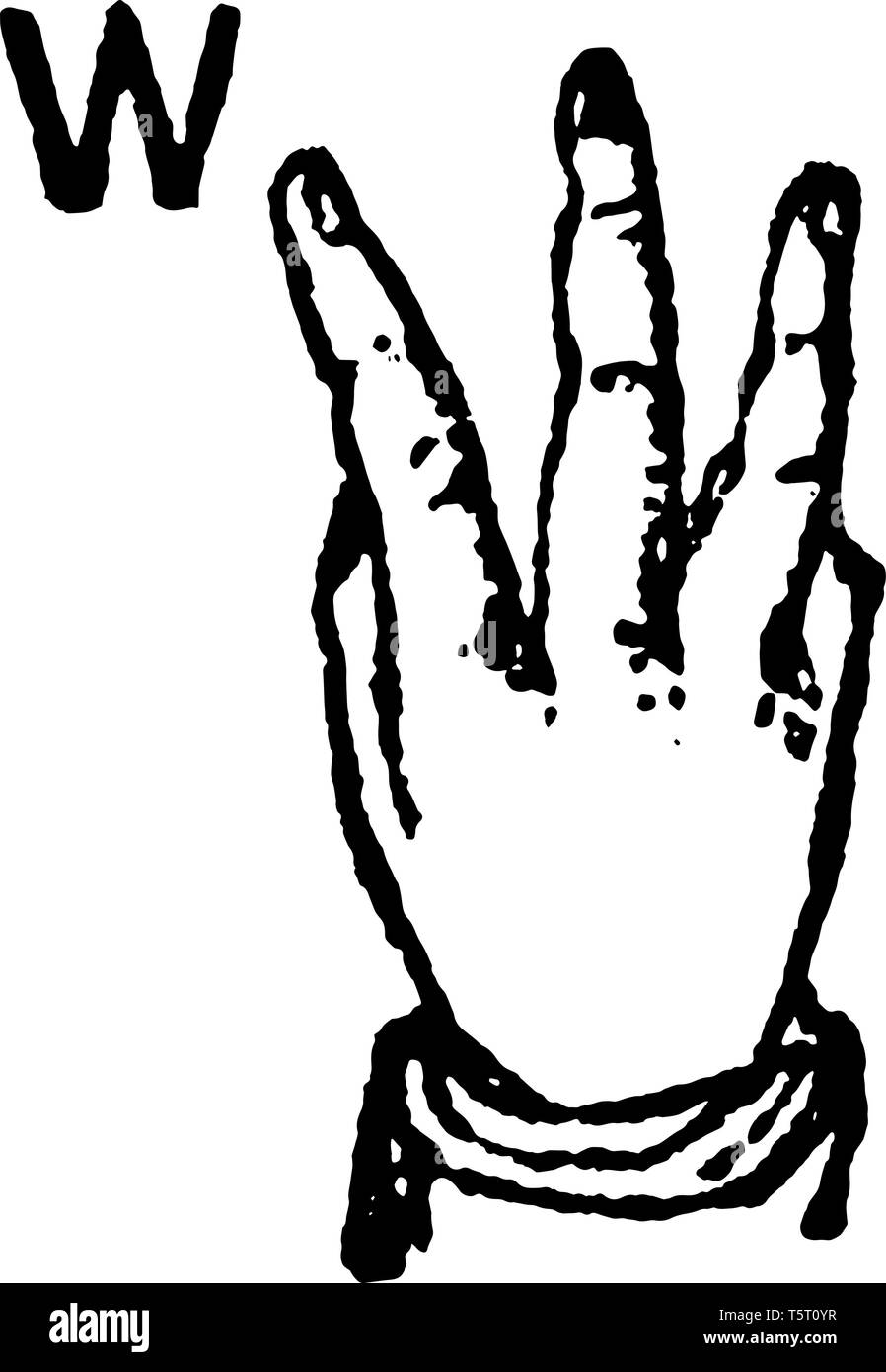 This image represents one handed Sign for W, vintage line drawing or ...