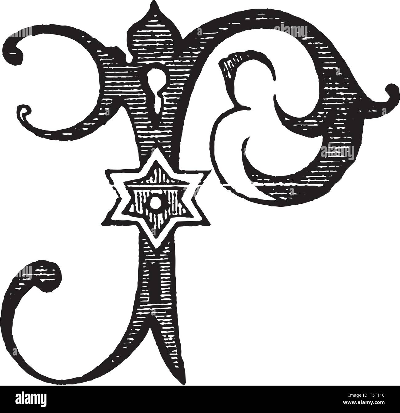 An ornamental and decorative letter P, vintage line drawing or ...