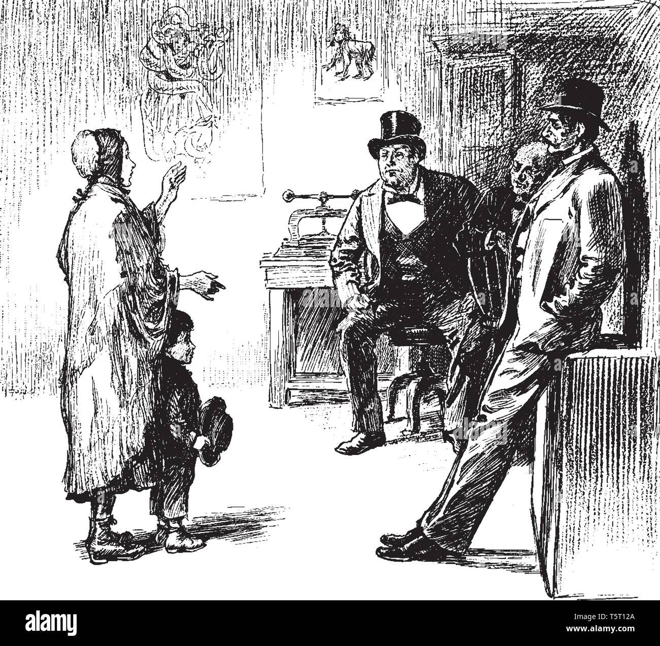 Three men talking to woman with child standing in front of them ...