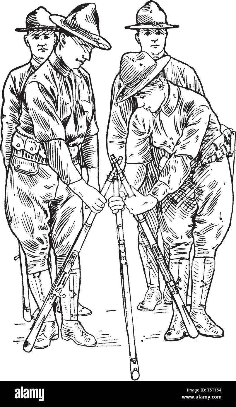 Four soldiers with rifles, vintage line drawing or engraving ...