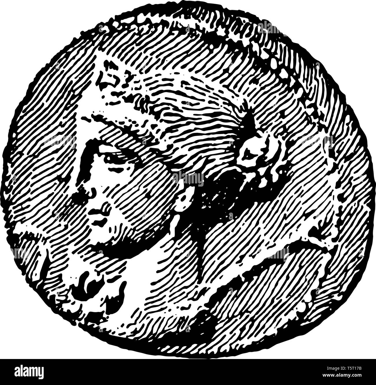 A coin in relief with the image of a queen, vintage line drawing or ...