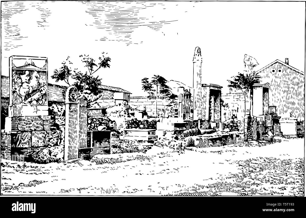 A place filled with Athenian tombs, vintage line drawing or engraving ...