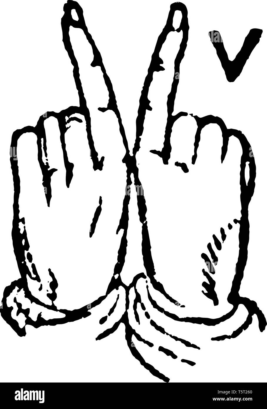 This image shows two hand signals for V, vintage line drawing or ...