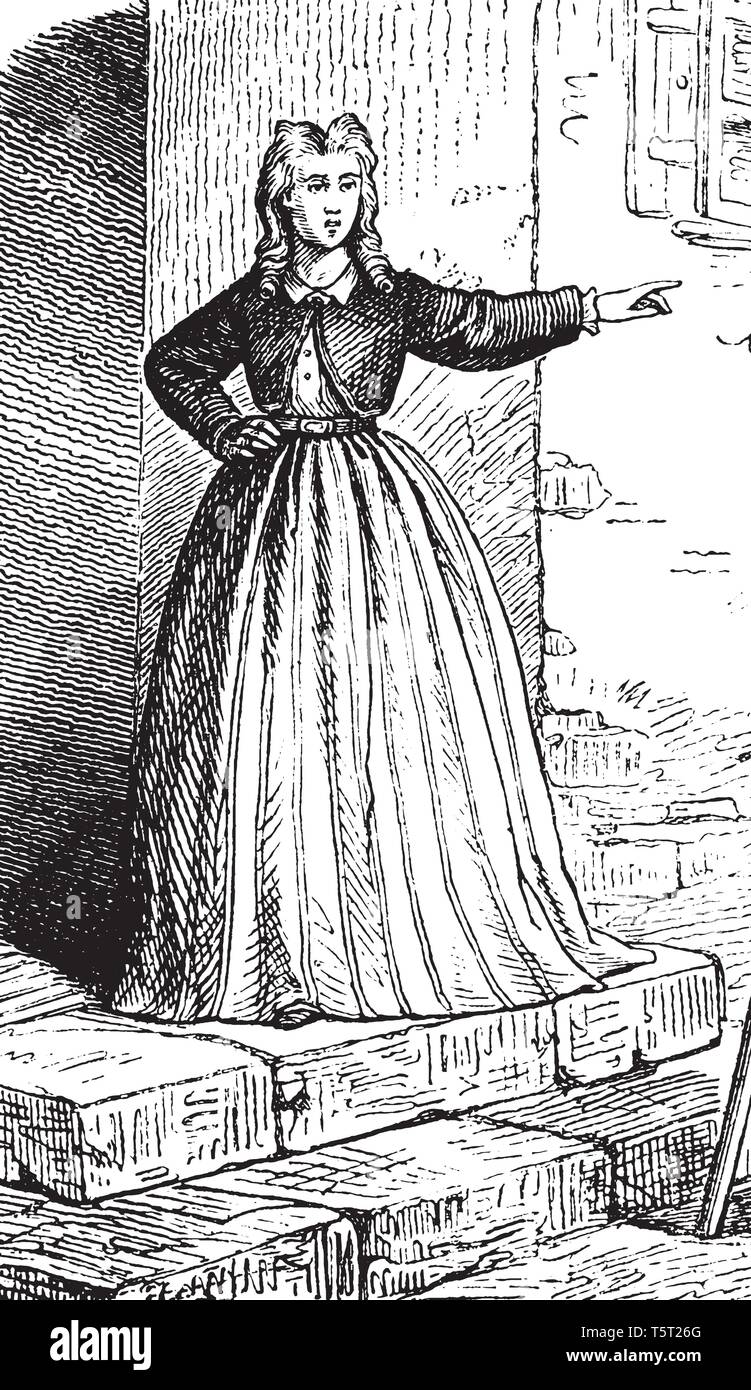 A woman pointing by left hand, vintage line drawing or engraving ...