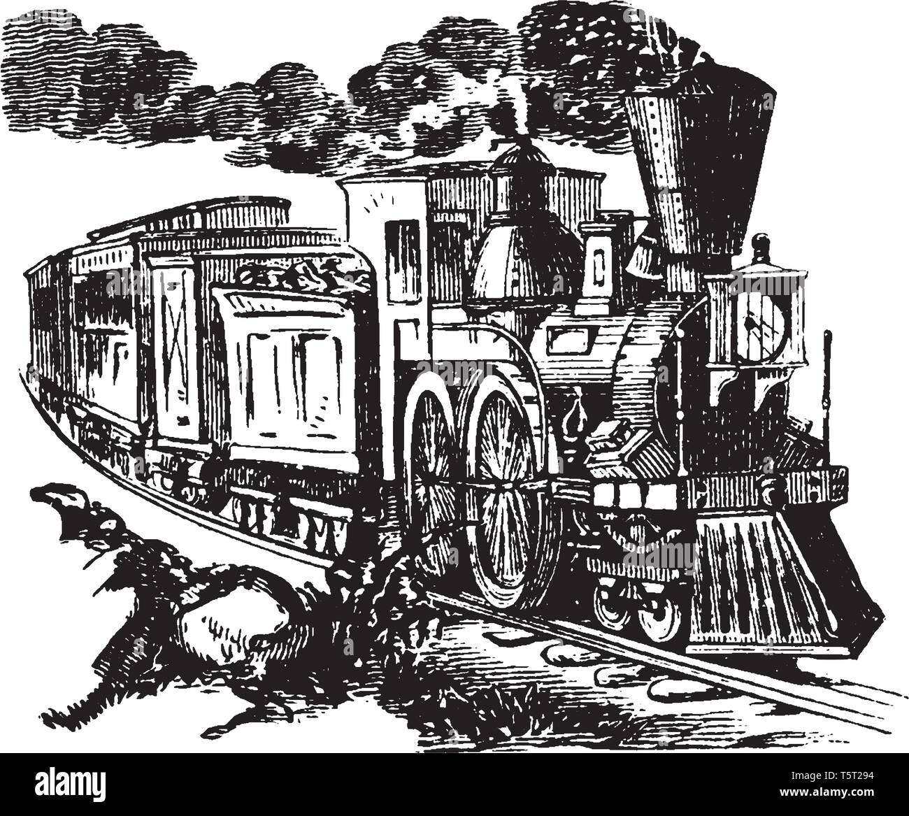 This image represents Old train producing black smoke, vintage line ...