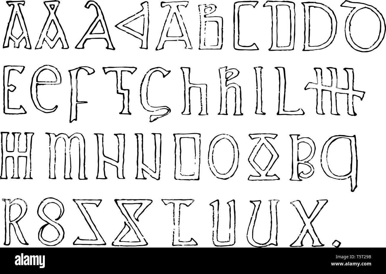 Romanesque Alphabet which is beginning of the 8th century, vintage line ...