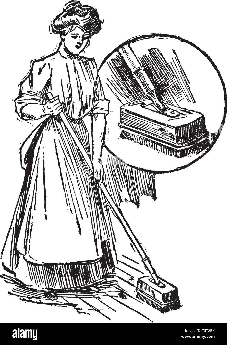 A woman scrubbing floor using weighted brush, vintage line drawing or ...