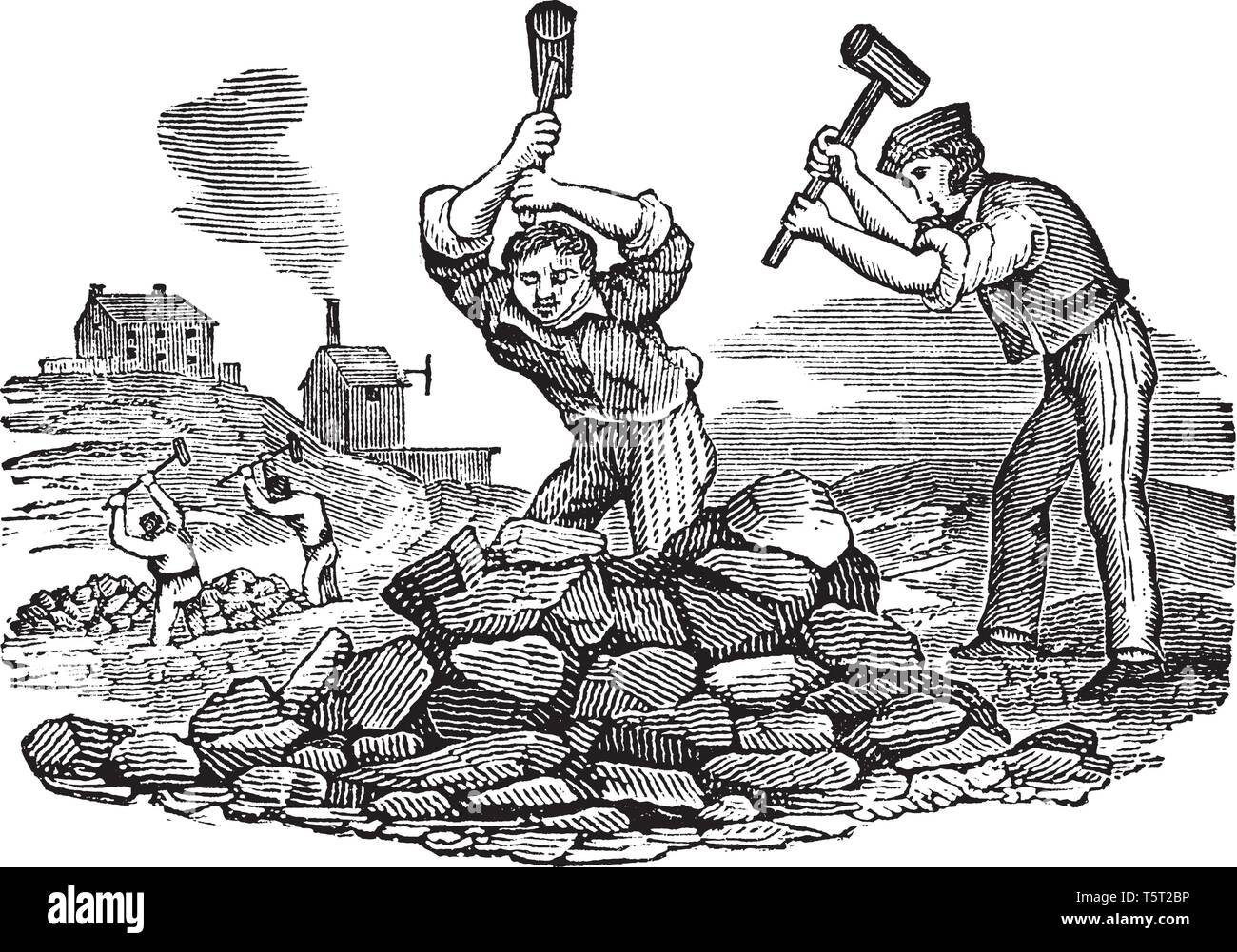 Two men with hammers working on rocks, vintage line drawing or ...
