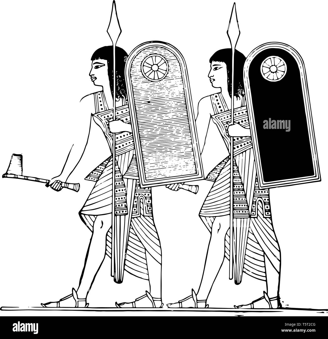 The soldiers of Ramses II holding weapons, vintage line drawing or ...