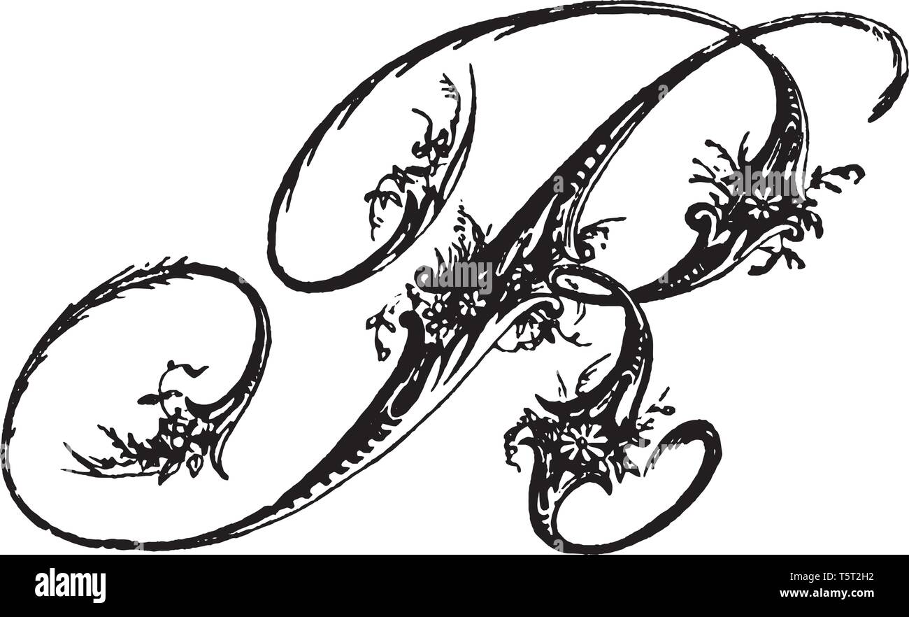 A letter R in ornamental script, vintage line drawing or engraving ...