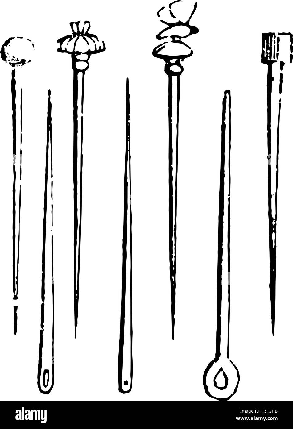 Different designs of needles and pins, vintage line drawing or ...
