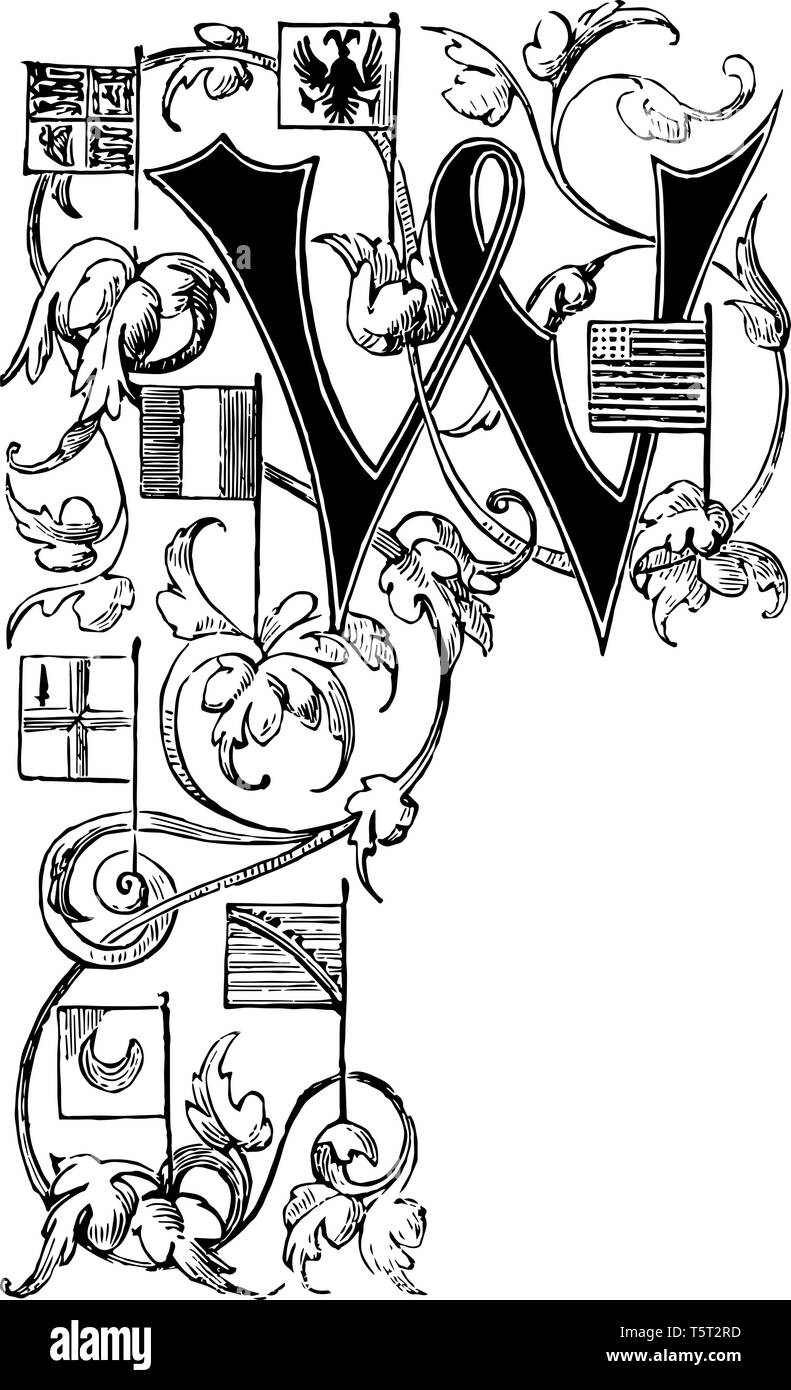 Capital W with Flags is decorated with flags and floral vines, vintage ...