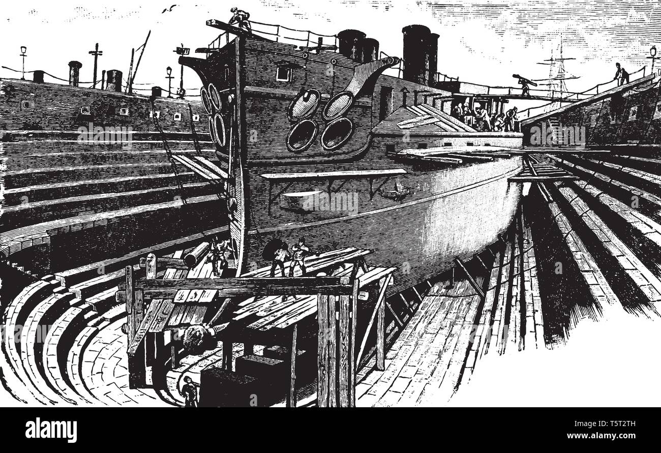 War Vessel is a military ship used by a navy, vintage line drawing or ...