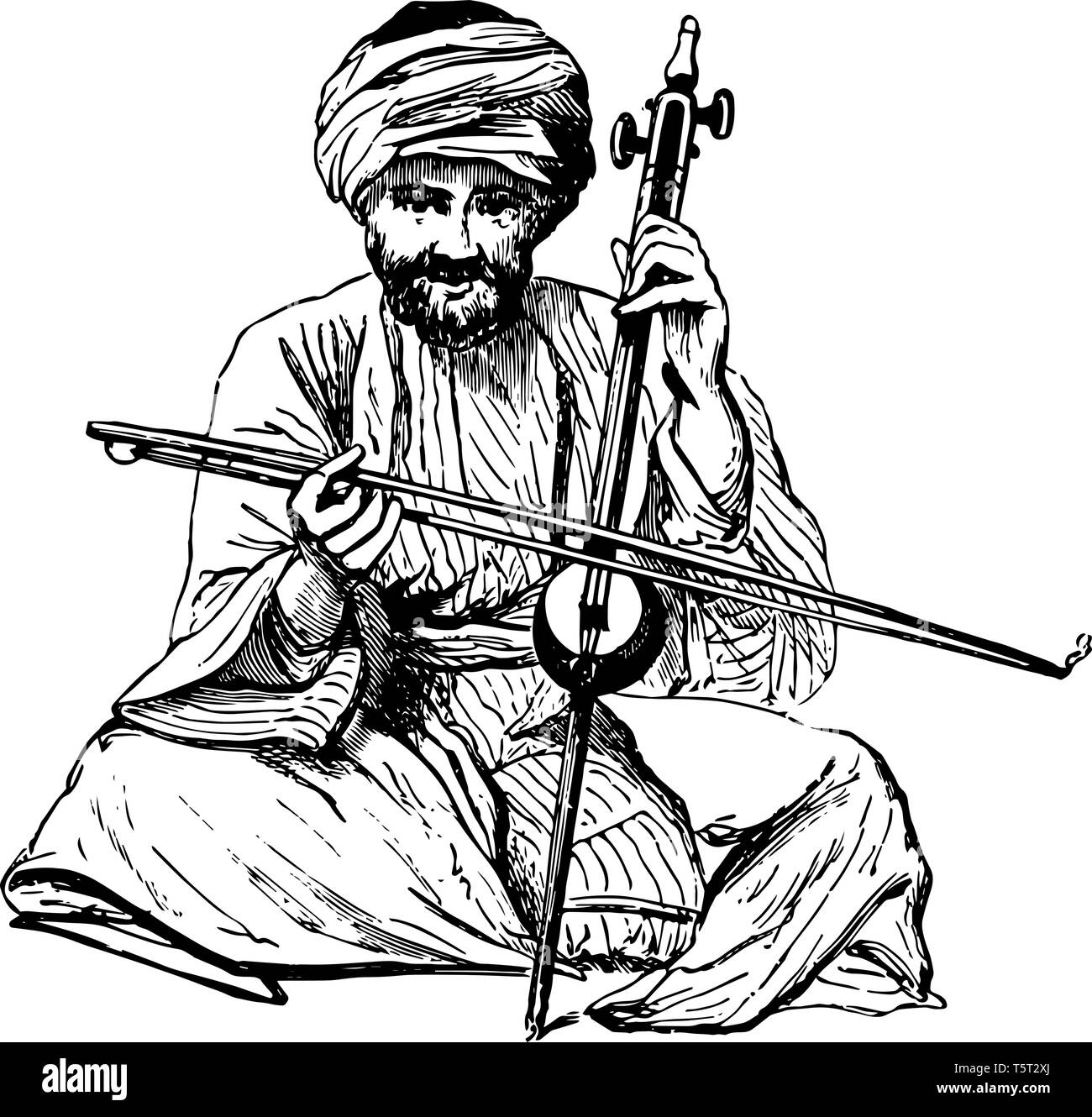 Rebec is a bowed stringed instrument, vintage line drawing or engraving ...