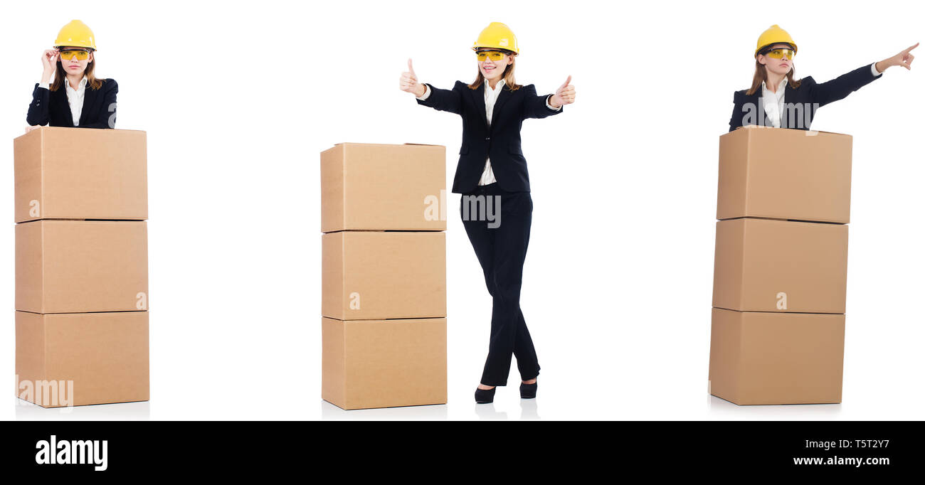 Woman builder with box isolated on white Stock Photo - Alamy
