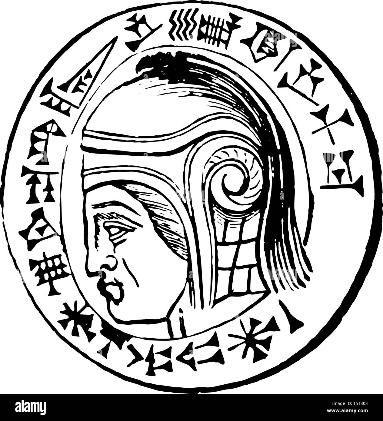 This image shows the coin. On the surface of the coin there is a face ...