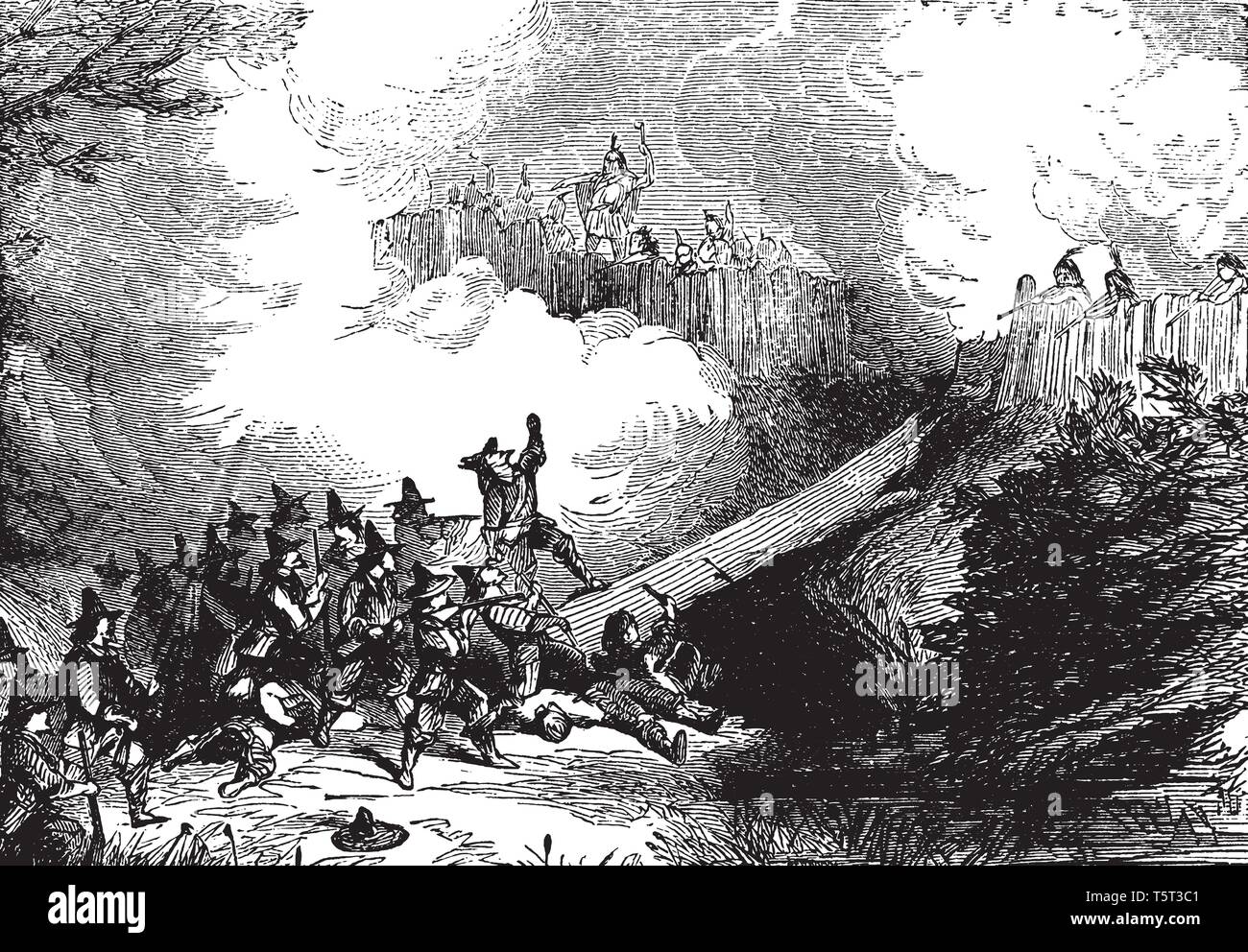 Fight between Native America and Settlers,intage line drawing or ...