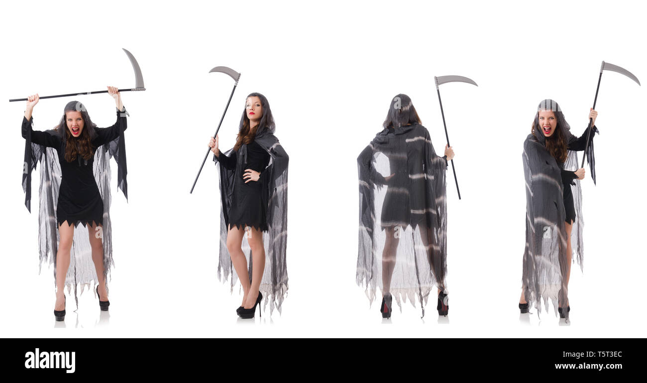 Woman with scythe isolated on white Stock Photo - Alamy