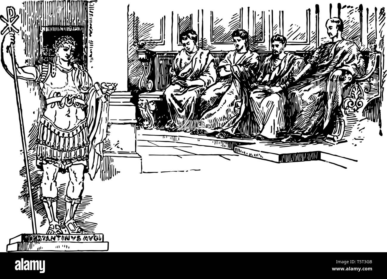 An emperor directing four officers sitting in front of him, vintage ...