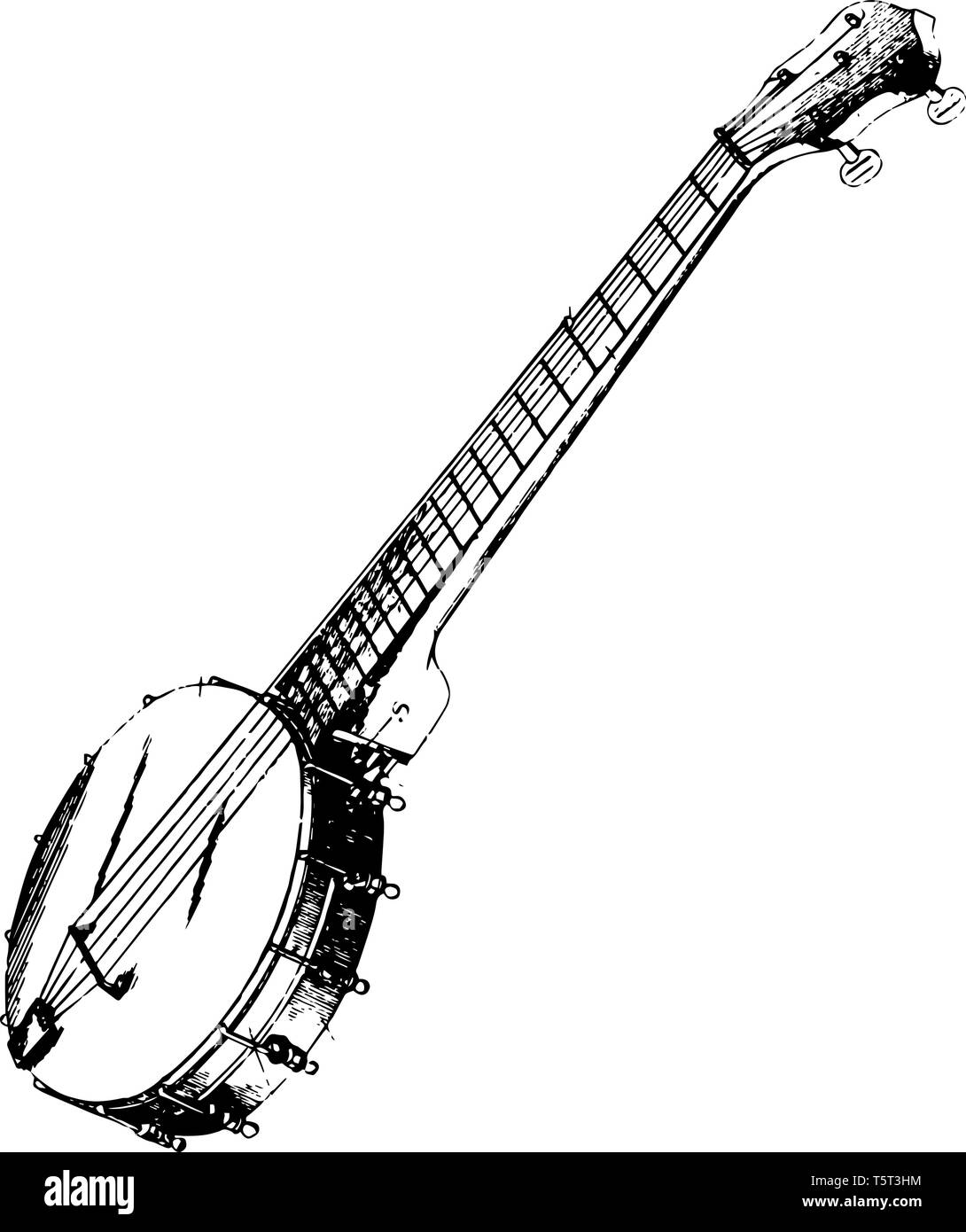 Rendered View of a Banjo has a rim with straining wires stretched ...