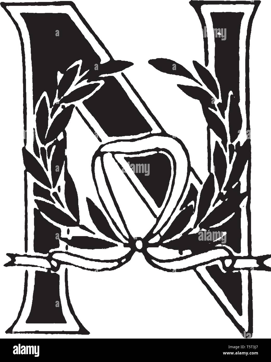 A decorative letter N with wreath, vintage line drawing or engraving ...