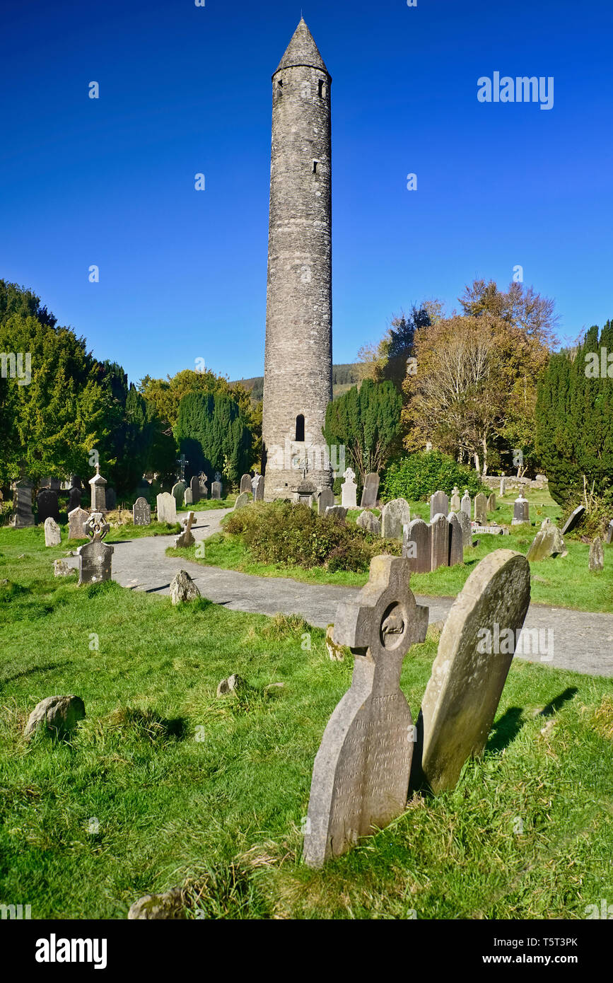 Ireland, County Wicklow, Glendalough Monastic site, The Round Tower ...