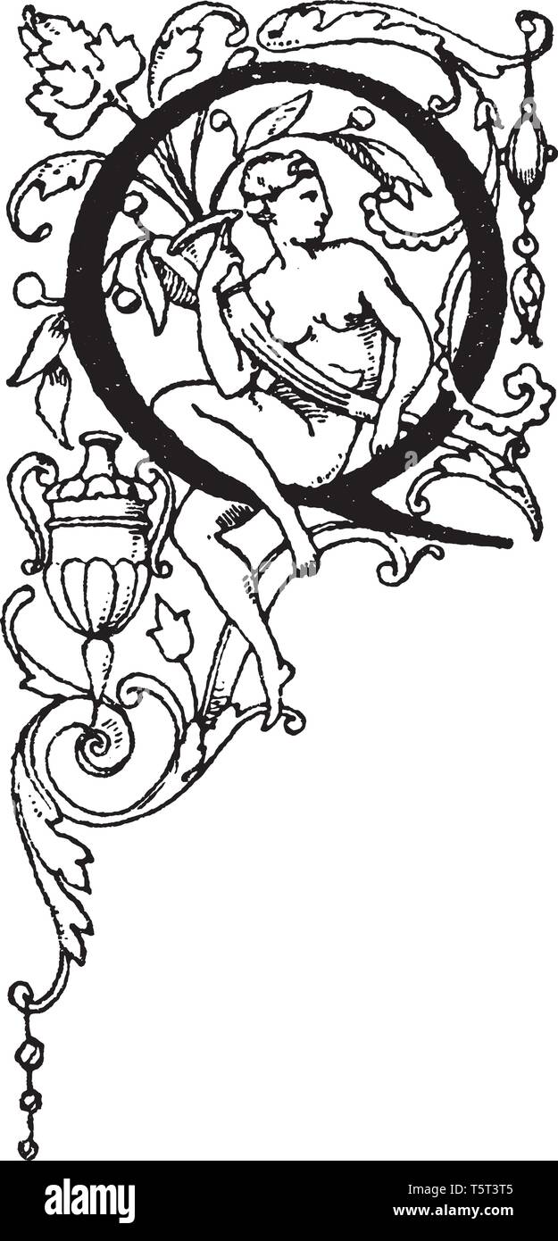 An ornamental and decorative letter Q, vintage line drawing or ...
