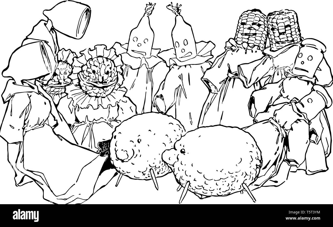 Lots of toys placed together made up of corn, flower, lemon and candles ...