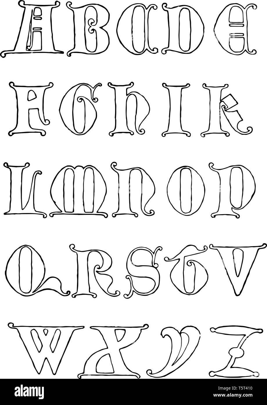 This image represents Gothic Uncial Alphabet, vintage line drawing or ...