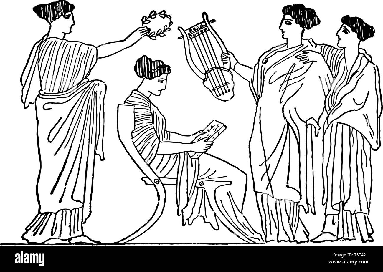 Greek women playing lyre, vintage line drawing or engraving ...