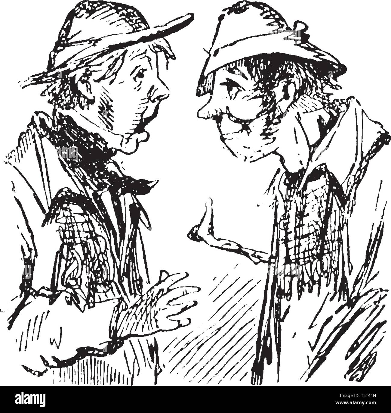 Two men talking, vintage line drawing or engraving illustration Stock ...