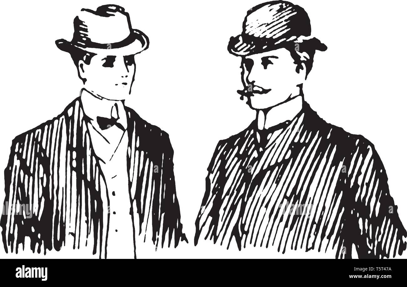 Two men with suits and hats, vintage line drawing or engraving ...