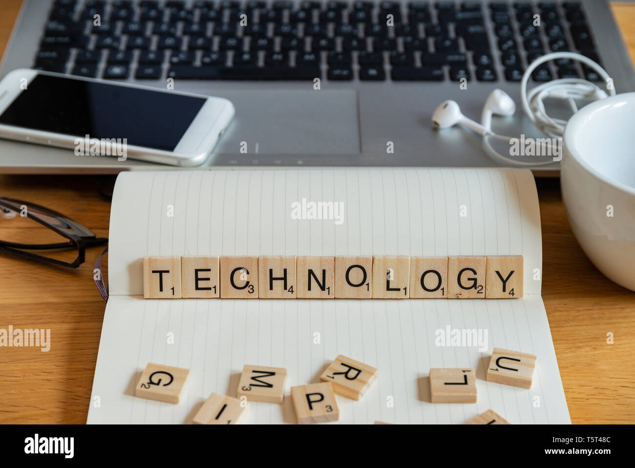 Conceptual keyword technology in wooden tile letters in personal home ...