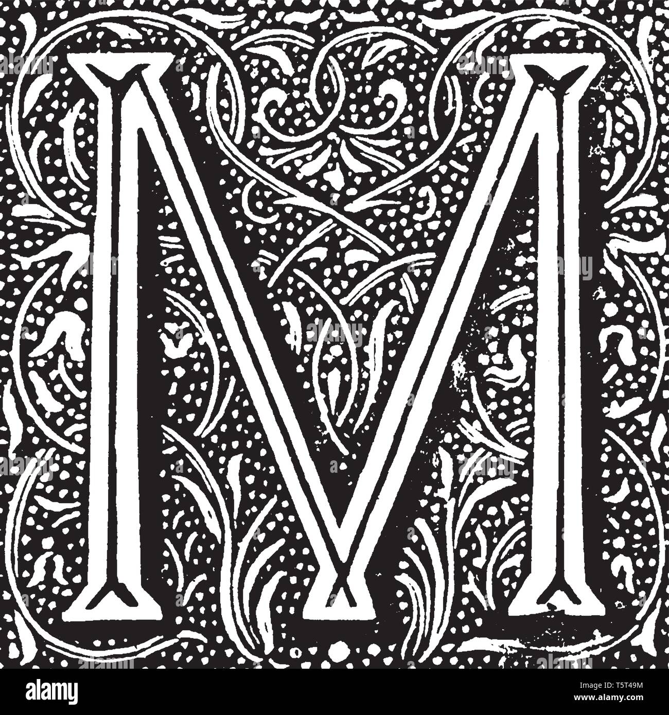 An ornamental capital letter M, vintage line drawing or engraving ...