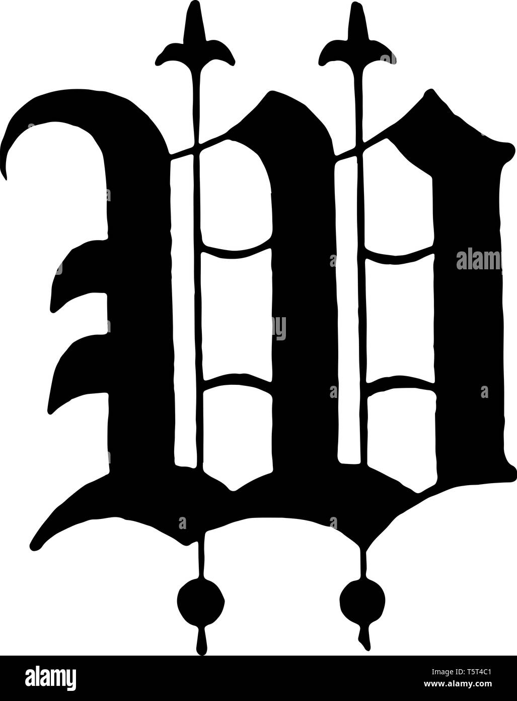 This illustration represents Old English title text of W, vintage line ...