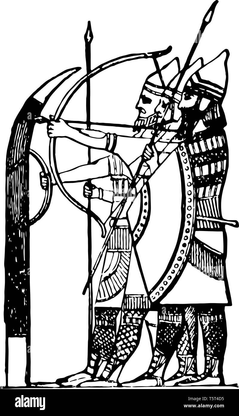 The image shows Assyrian soldiers with shields and weapons. She has a ...