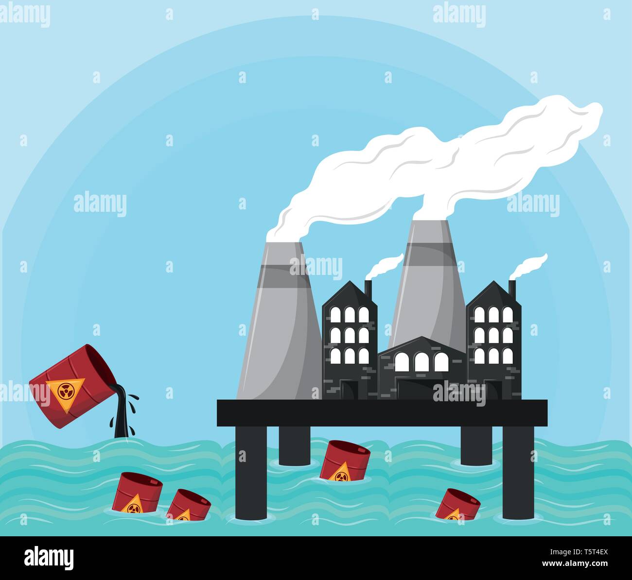 hazardous waste falling over the sea and industrial factories Stock ...