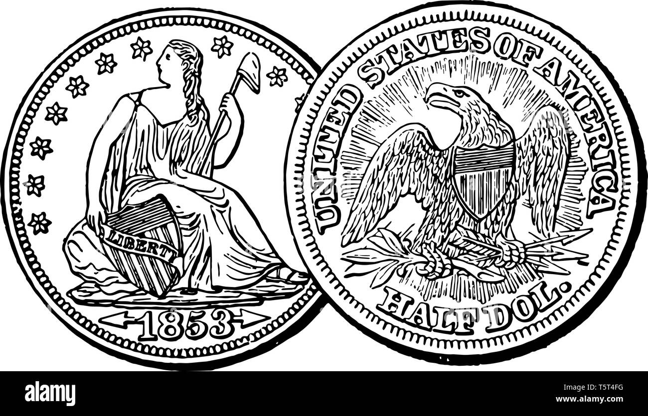 Picture showing Silver Half Dollar Coin, 1853. On this coin shows image ...