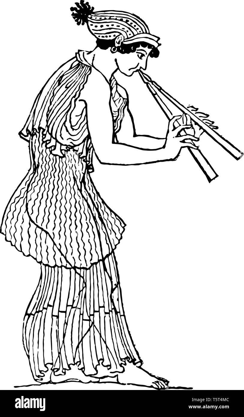 Auletris Performer on the double flute or diaulos, vintage line drawing ...