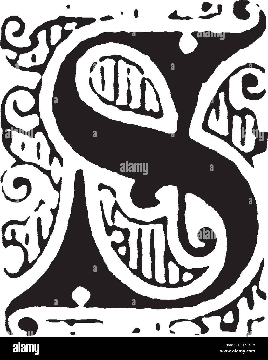 An ornamental and decorative letter S, vintage line drawing or ...