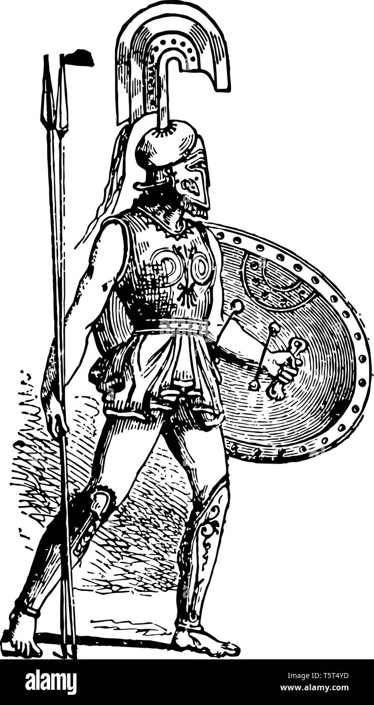 The complete armor of a Grecian soldier, vintage line drawing or ...