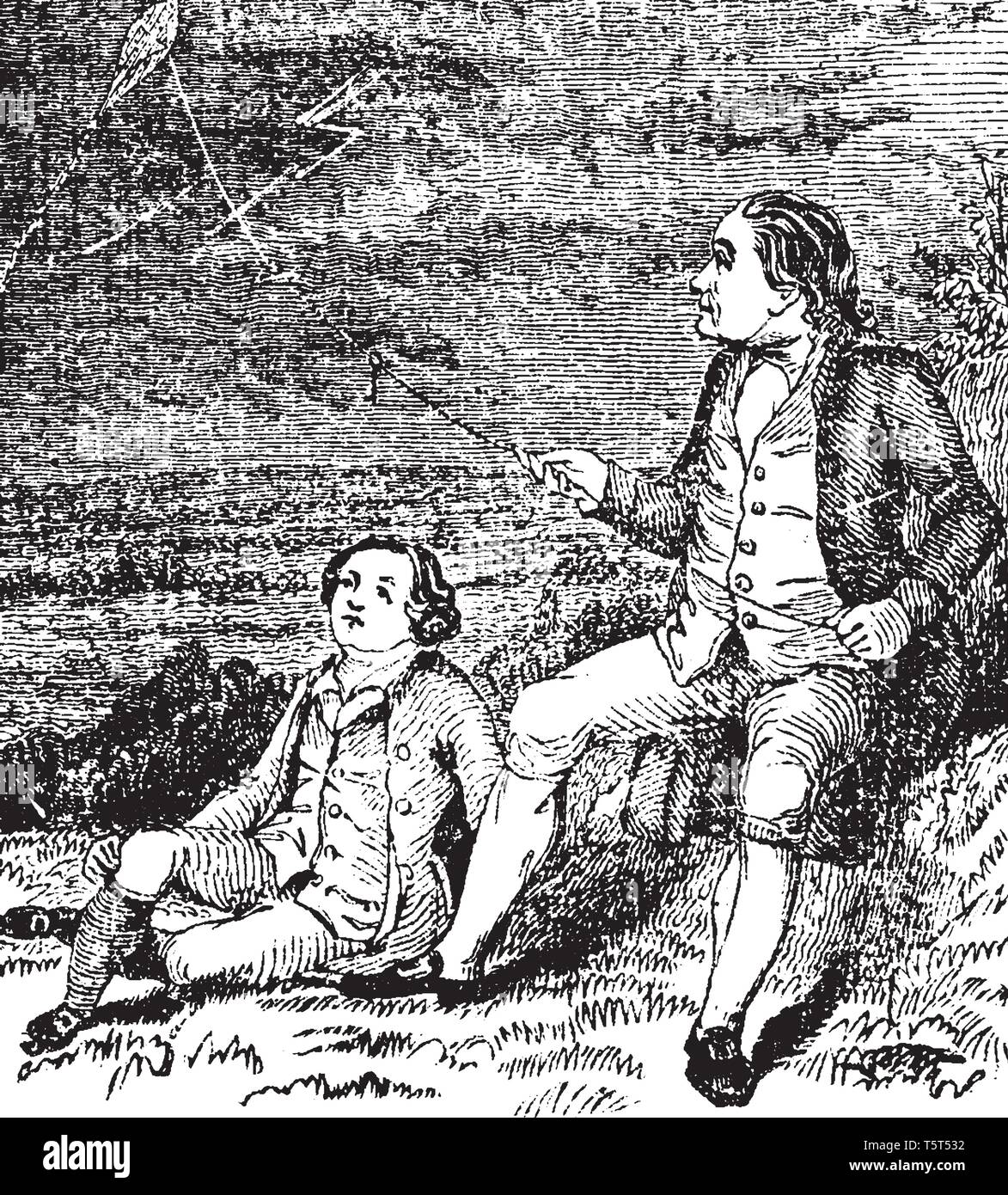 A man flying kite and another man sitting near him, vintage line ...