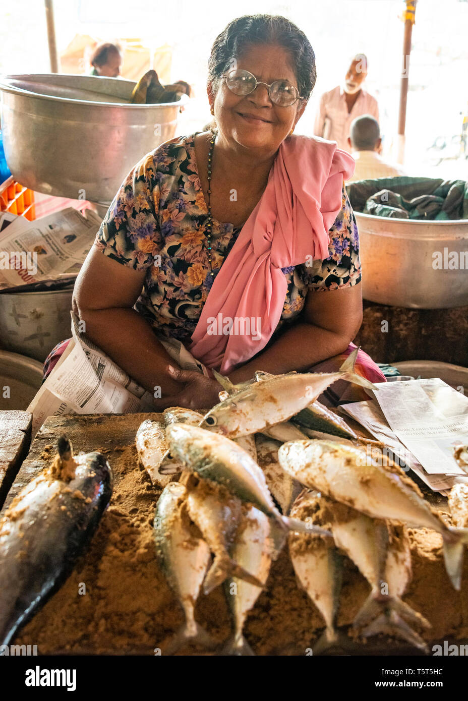 Vertical portrait of a lady selling fish at the wet market at Palayam ...