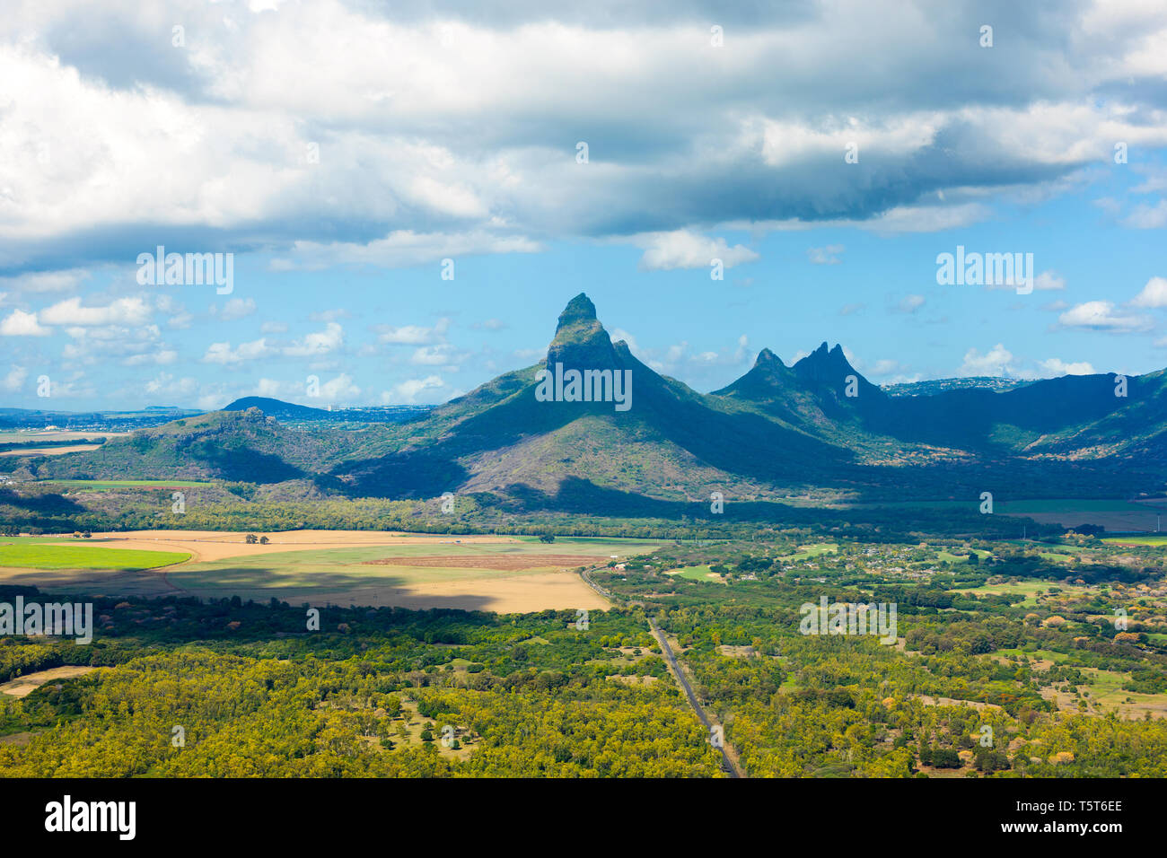 Aerial view of Mauritius island panoramic landscape with green fields ...