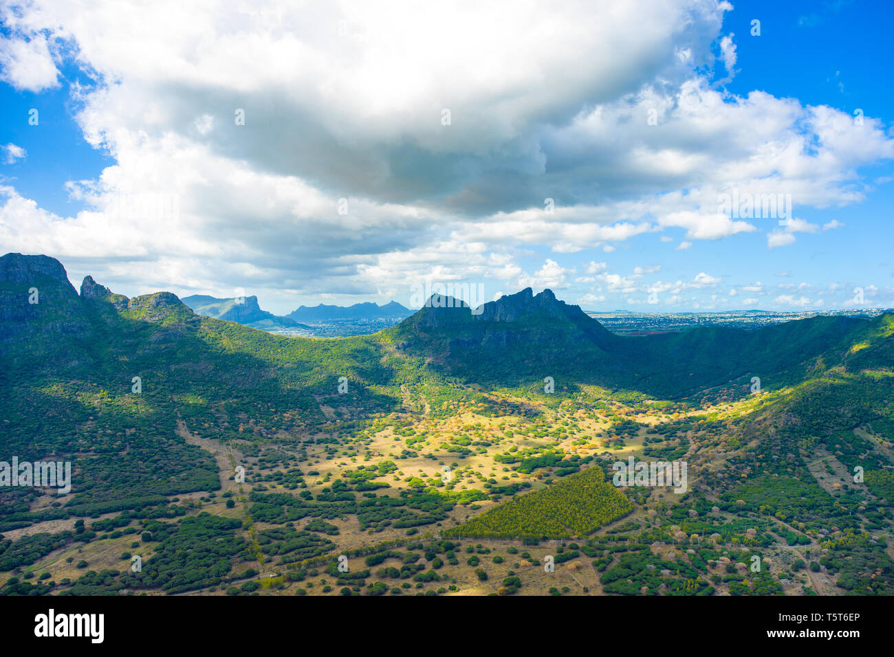 Aerial view of Mauritius island panoramic landscape with green hills ...